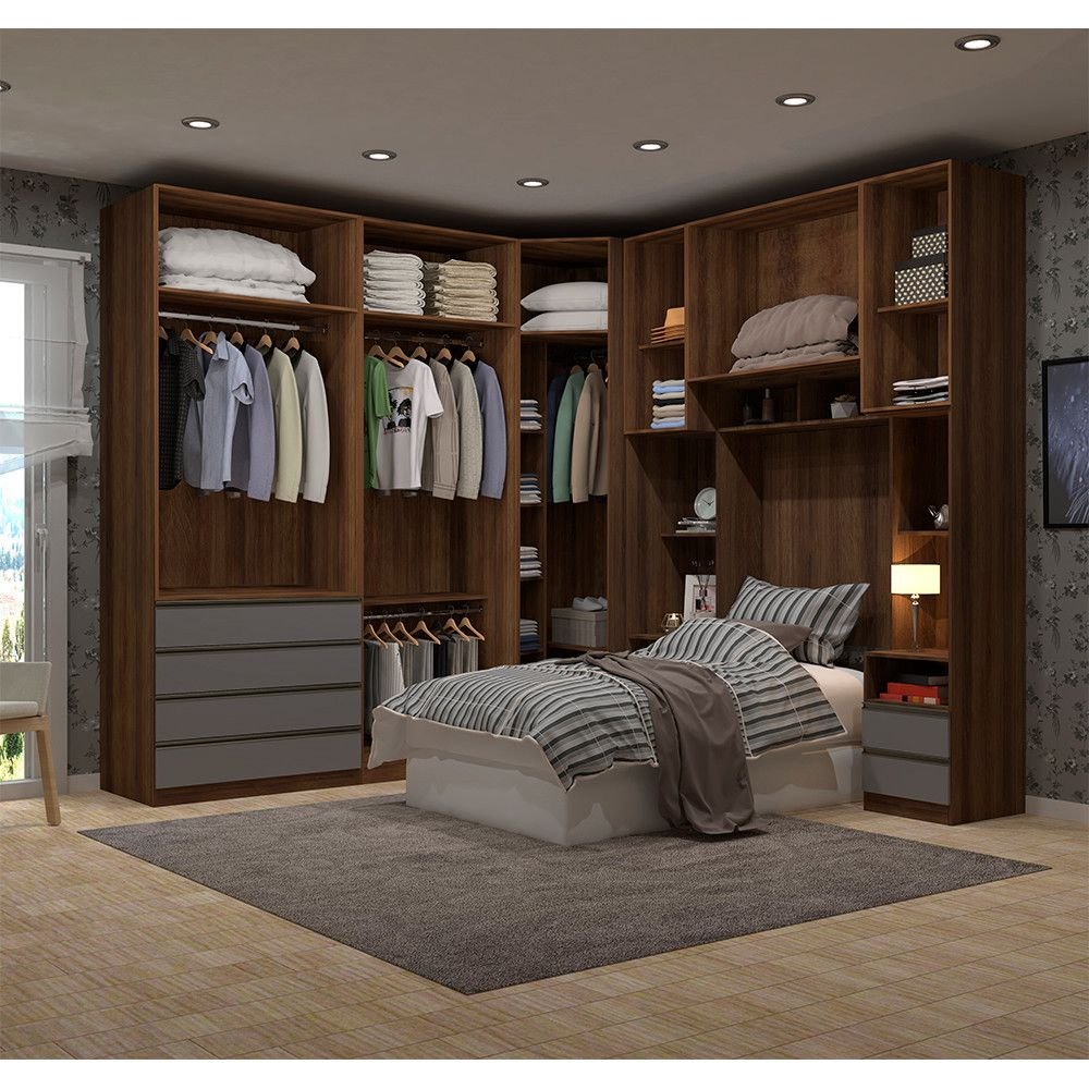 Guarda Roupa de Canto Solteiro 9 Portas 8 Gavetas Nogueira Dourado com ...