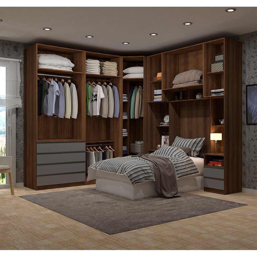 Guarda Roupa de Canto Solteiro 9 Portas 8 Gavetas Nogueira Dourado com ...