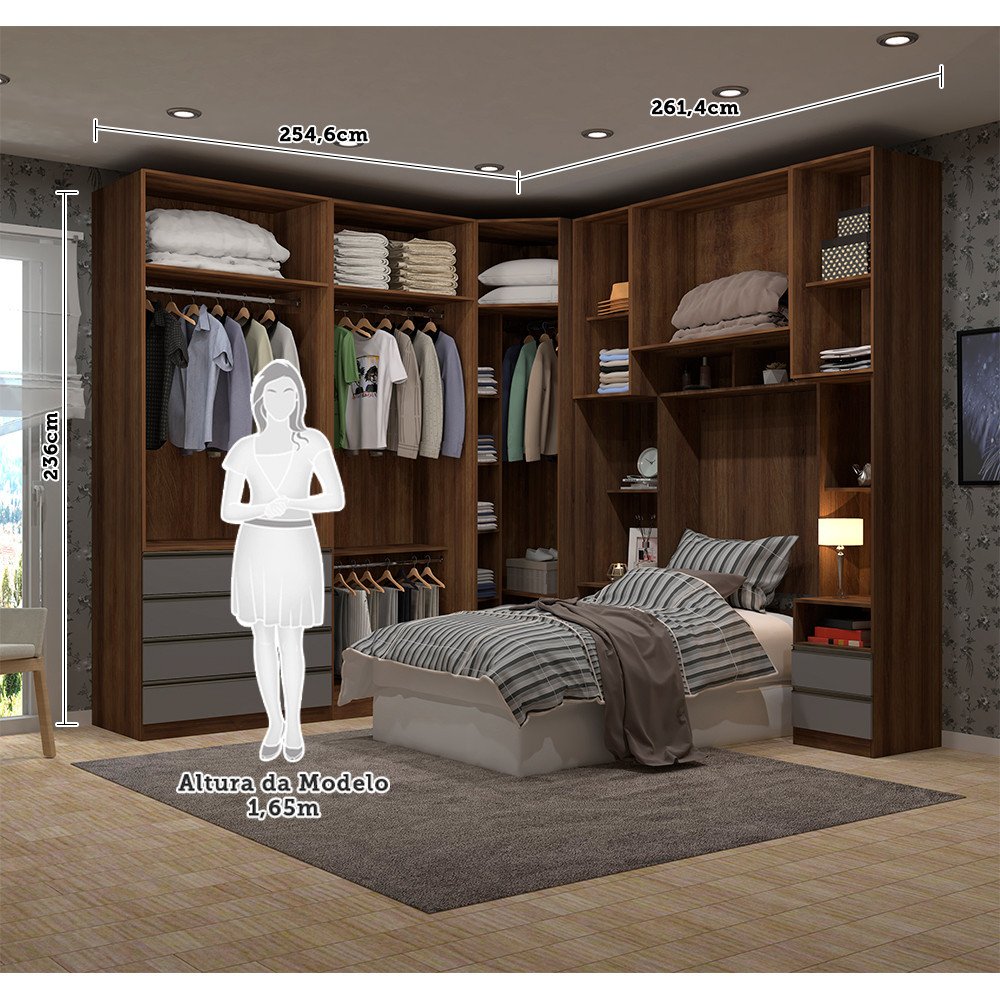 Guarda Roupa de Canto Solteiro 9 Portas 8 Gavetas Nogueira Dourado com ...