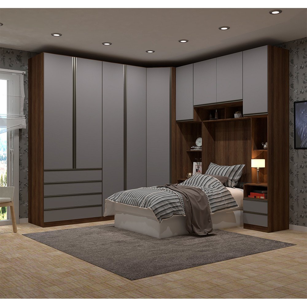 Guarda Roupa de Canto Solteiro 9 Portas 8 Gavetas Nogueira Dourado com ...