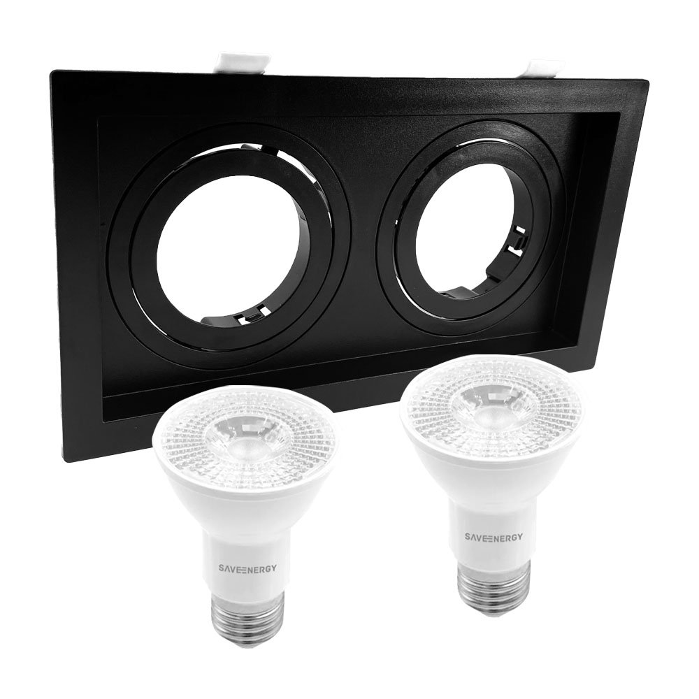 Spot Duplo Embutir Quadrado Recuado Par20 Preto + Led 4,8w Save Energy 2700k | MadeiraMadeira