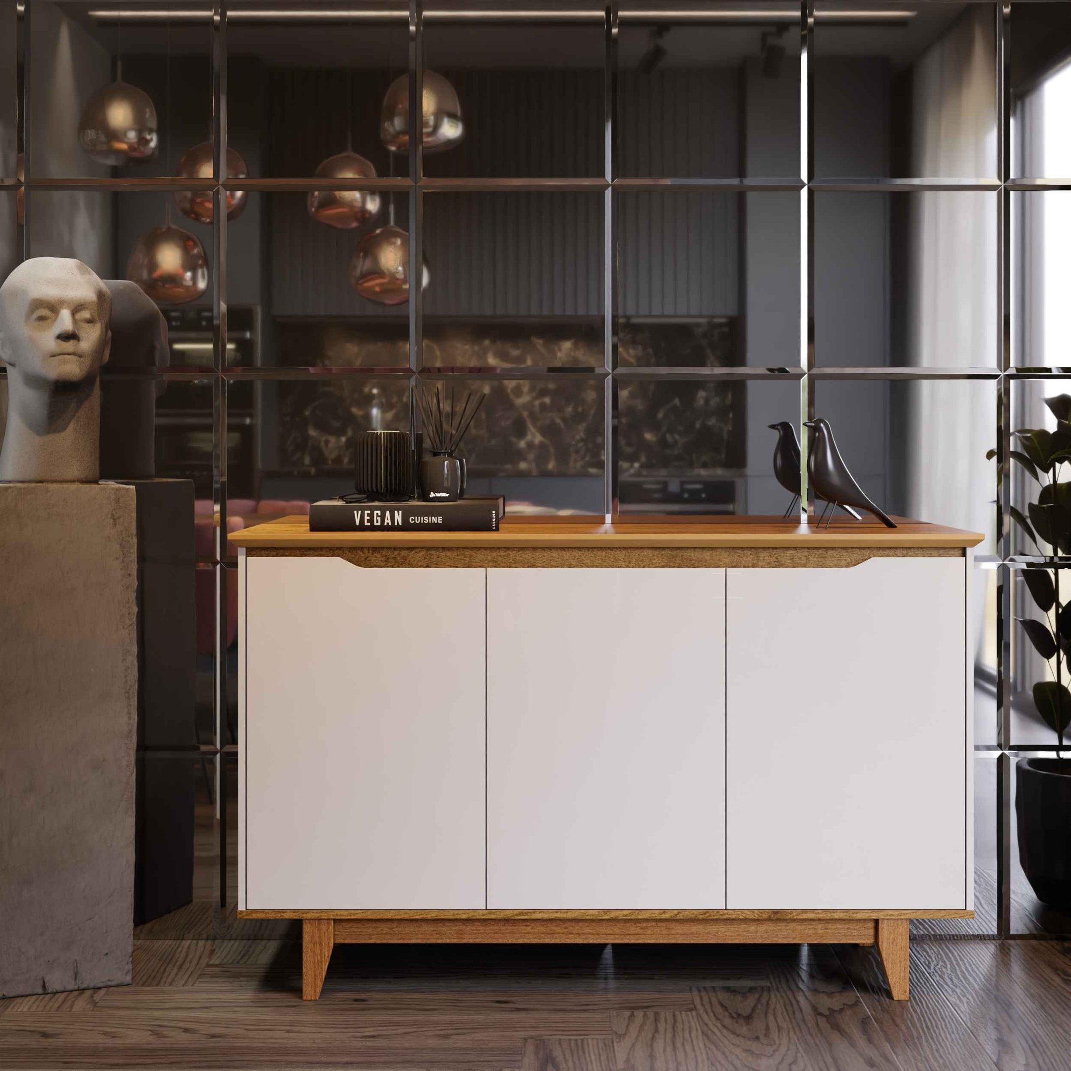 Aparador Buffet Sala Flow 3 Portas com Pés de Madeira Offwhite com ...