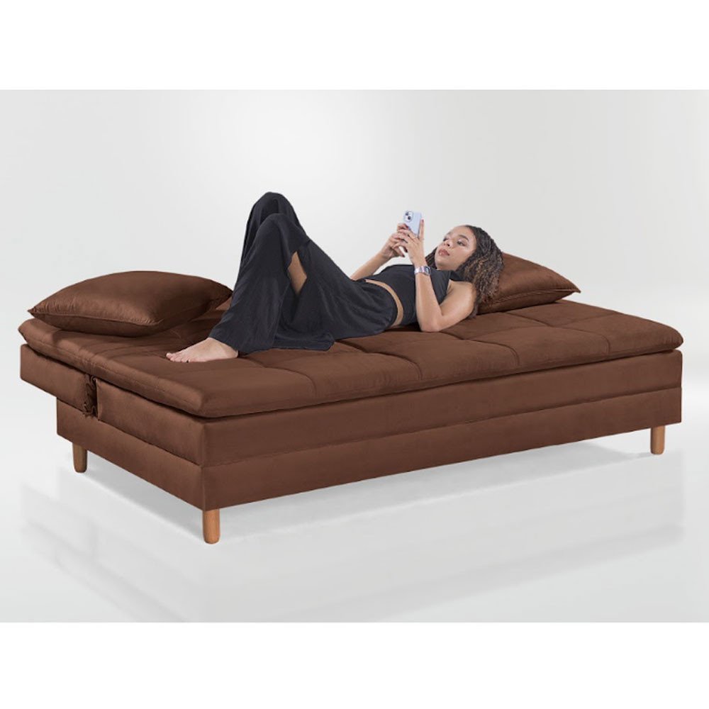 Sofá Cama Vegas com 2 Puffs e Pé de Madeira Talento Móveis | MadeiraMadeira