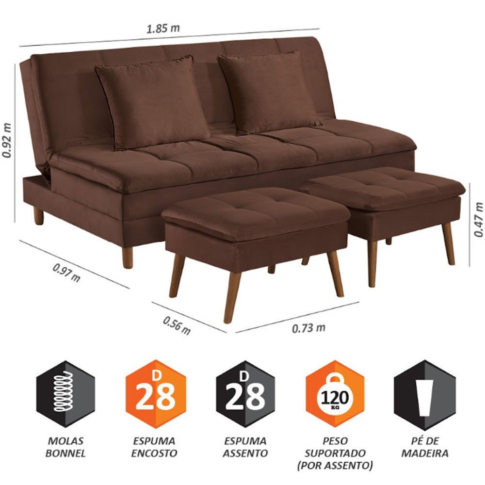 Sofá Cama Vegas com 2 Puffs e Pé de Madeira Talento Móveis | MadeiraMadeira