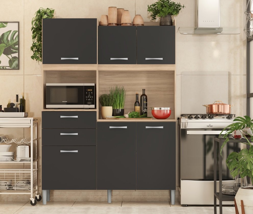 Armário de Cozinha 6 portas Harmonia Bnn Decor Demobile Avena Grafite | MadeiraMadeira