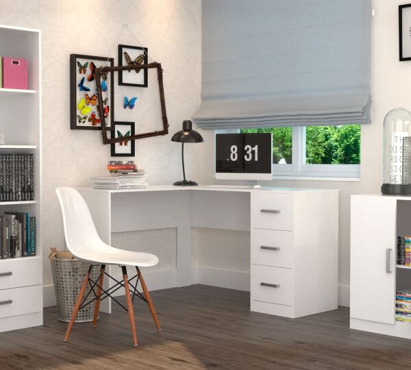 Mesa para Escritório em L com 3 Gavetas Office Plus Branco Pracasa ...