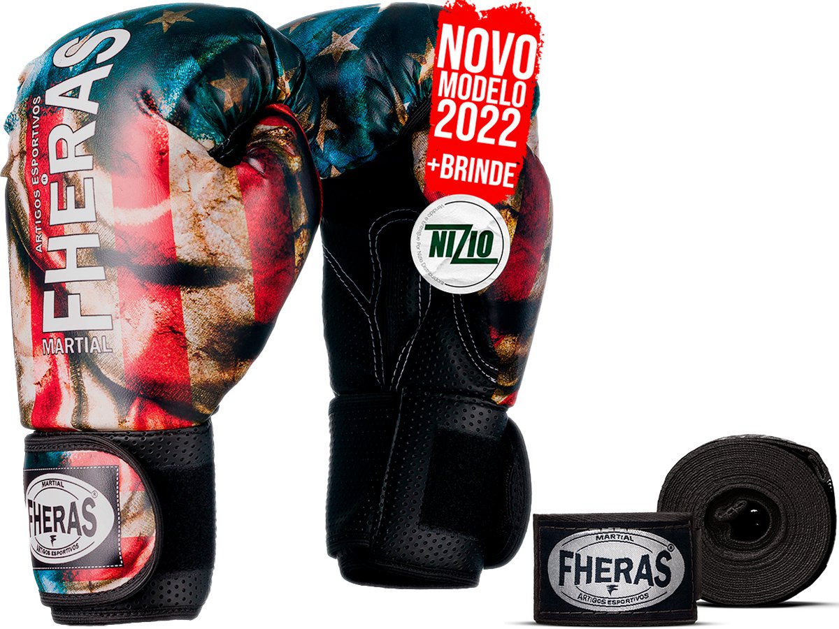 Kit Luva de Boxe Estampada EUA Muay Thai MMA Bandagem 08oz | MadeiraMadeira