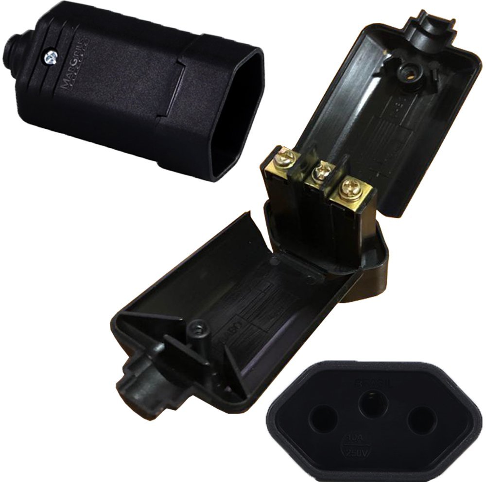 10 Plug Plugue Tomada Femea 3 Pinos 10a 180 Graus Preto Margirius ...