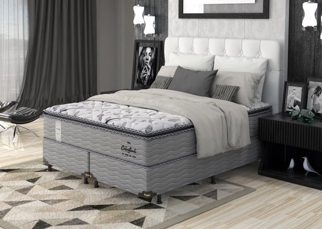 Cama Box Queen + Colchão Molas Ensacadas D33 Probel Celestial Branco/Cinza 158x198x72 ...