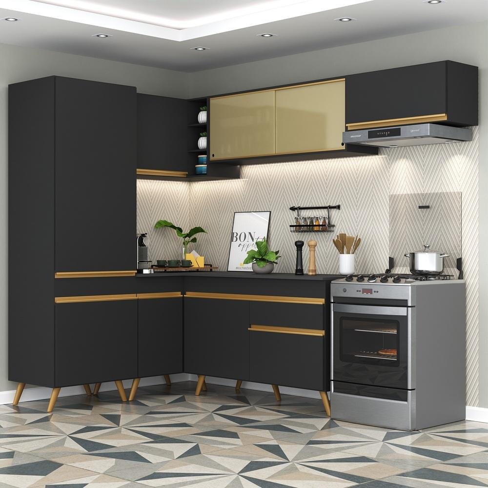 Cozinha Completa de Canto Veneza GB Multimóveis MP2051 com Armário e Balcão Preta | MadeiraMadeira