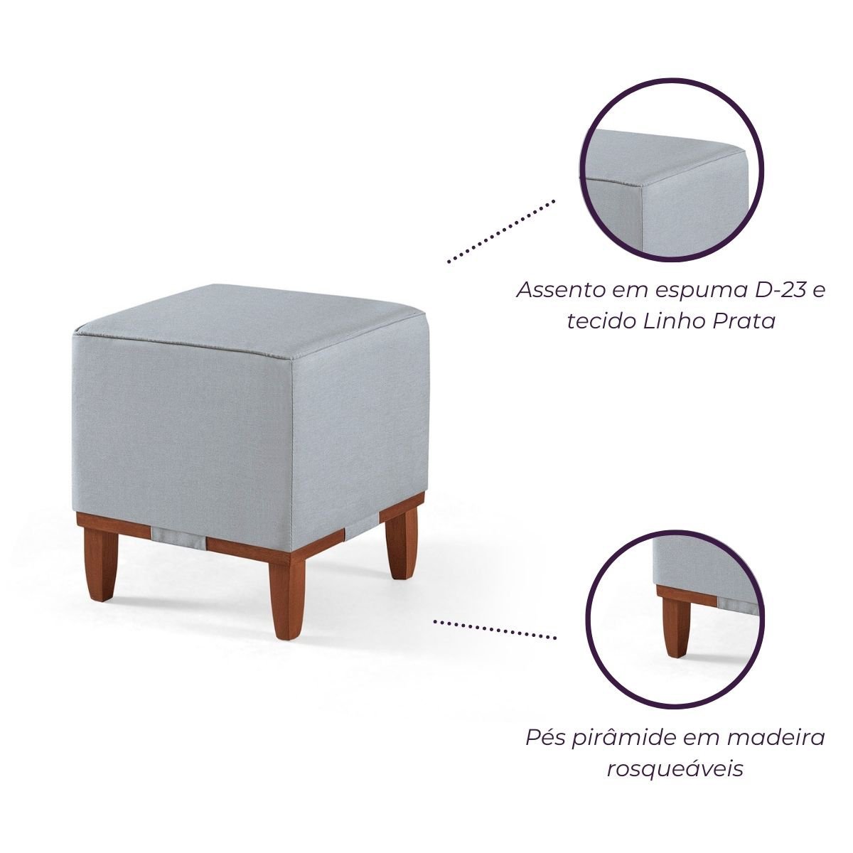 Mini Puff Quadrado De Linho para Apoio de Pés - Prata | MadeiraMadeira