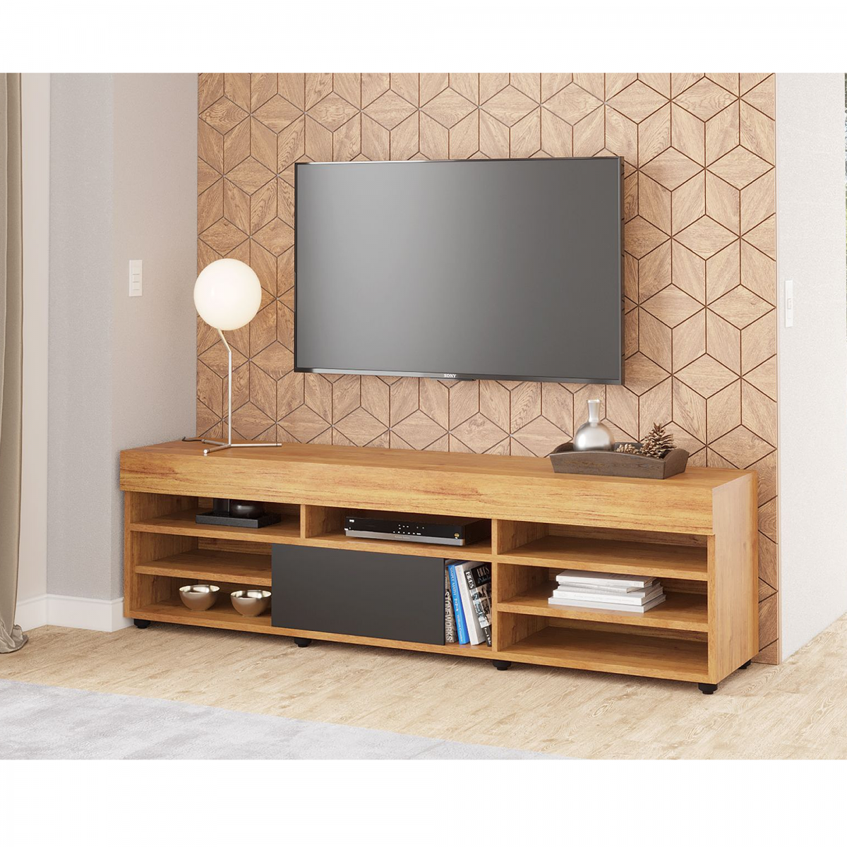 Rack para Tv 75 Polegadas Vicenza 3 Prateleiras Mel/preto | MadeiraMadeira