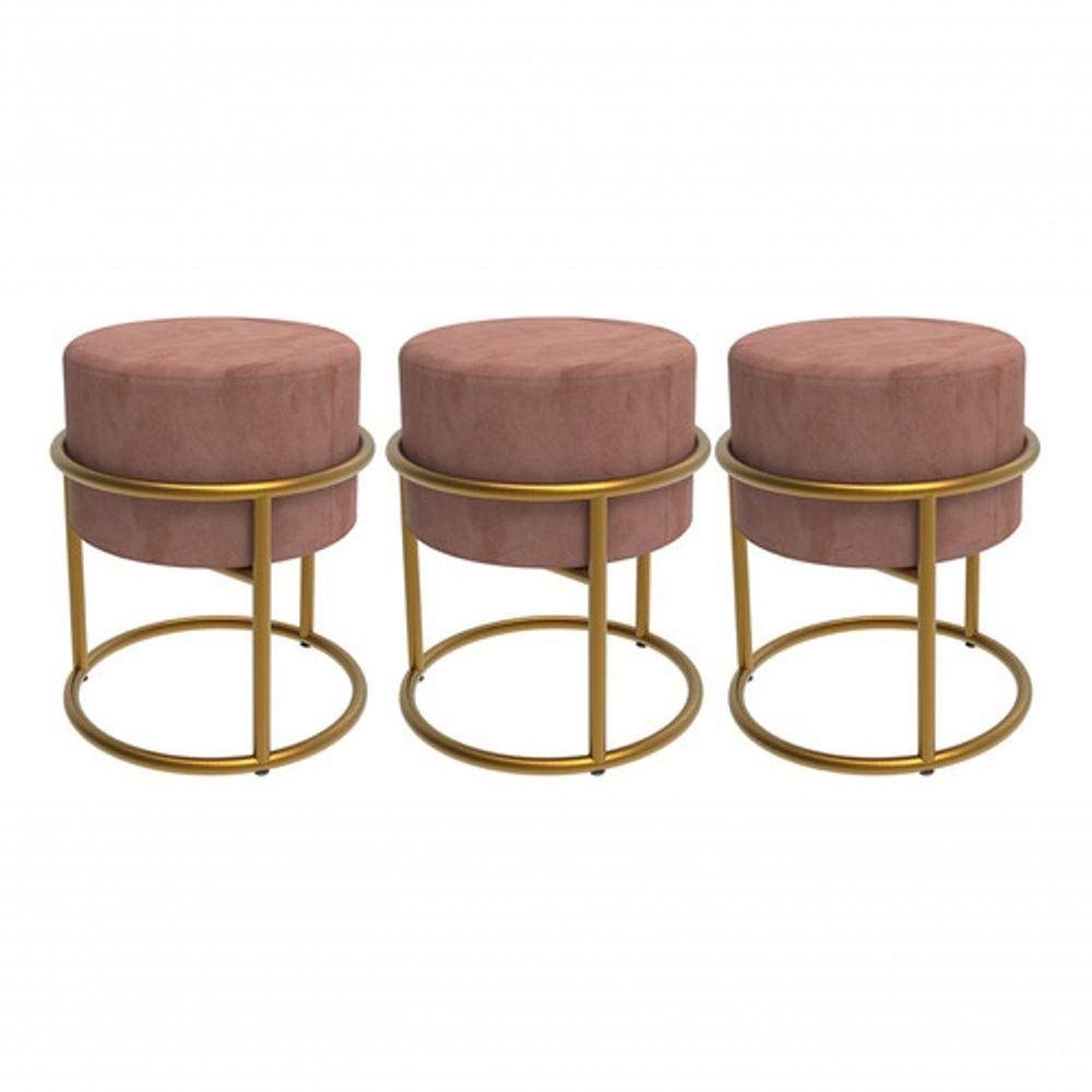 3 Puffs Base Ferro Veludo Acabamento Sofisticado - Rosa | MadeiraMadeira