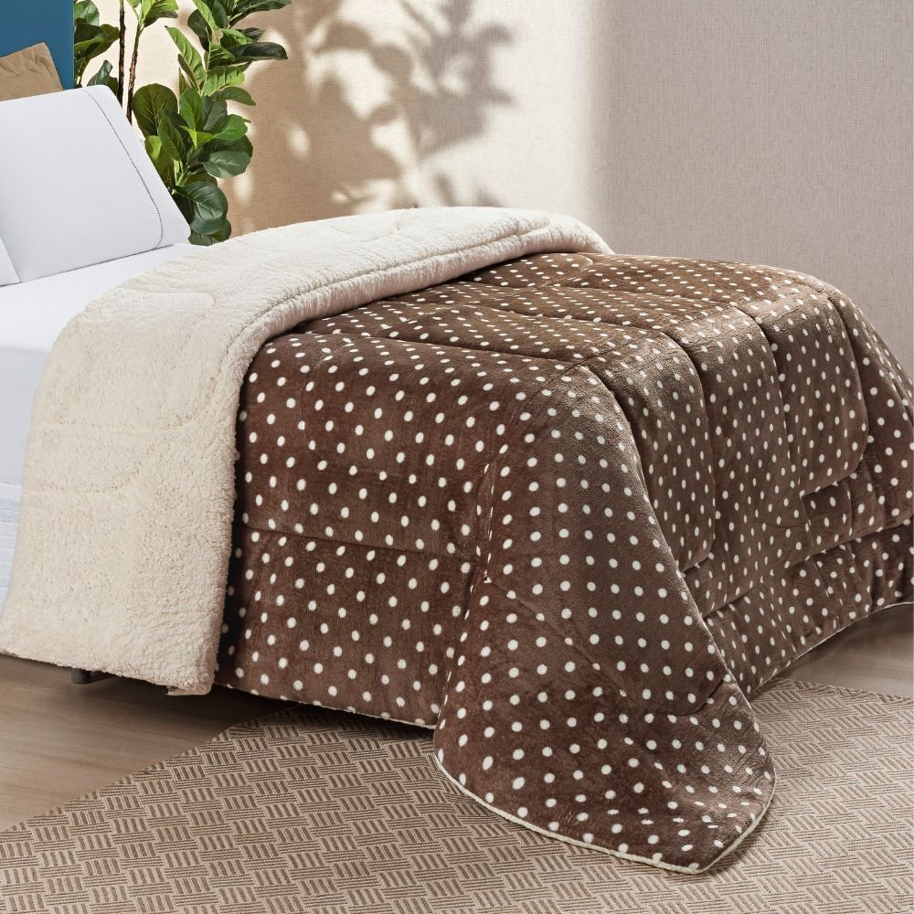 Edredom Casal Coberdrom Dupla Face Sherpa e Flannel Petit Poá:Caqui ...