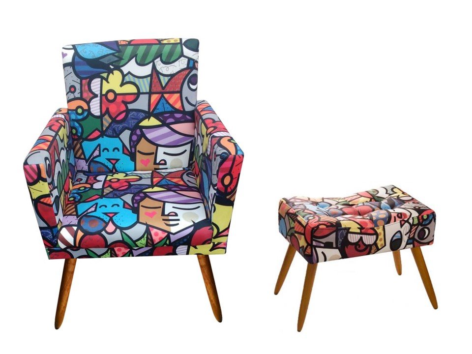 Kit Poltrona Decorativa Bia + Puff Retangular Suede Romero Gato Pés Madeira Ms Decor ...