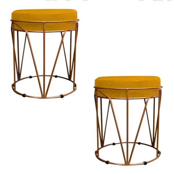 Kit 2 Puffs Redondo Aramado Íris Suede Mostarda | MadeiraMadeira