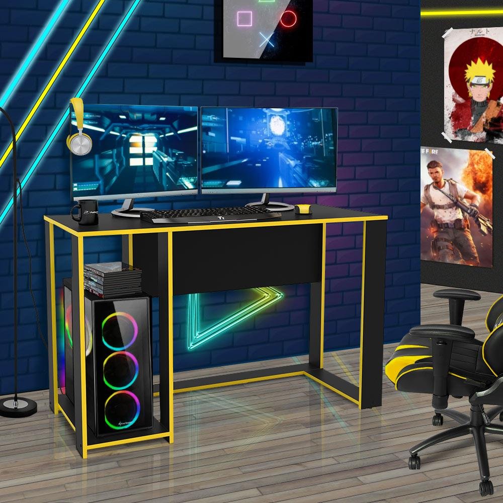 Mesa Gamer para PC Preta Amarela Politorno | MadeiraMadeira
