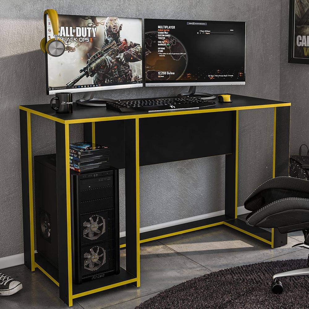 Mesa Gamer para PC Preta Amarela Politorno | MadeiraMadeira