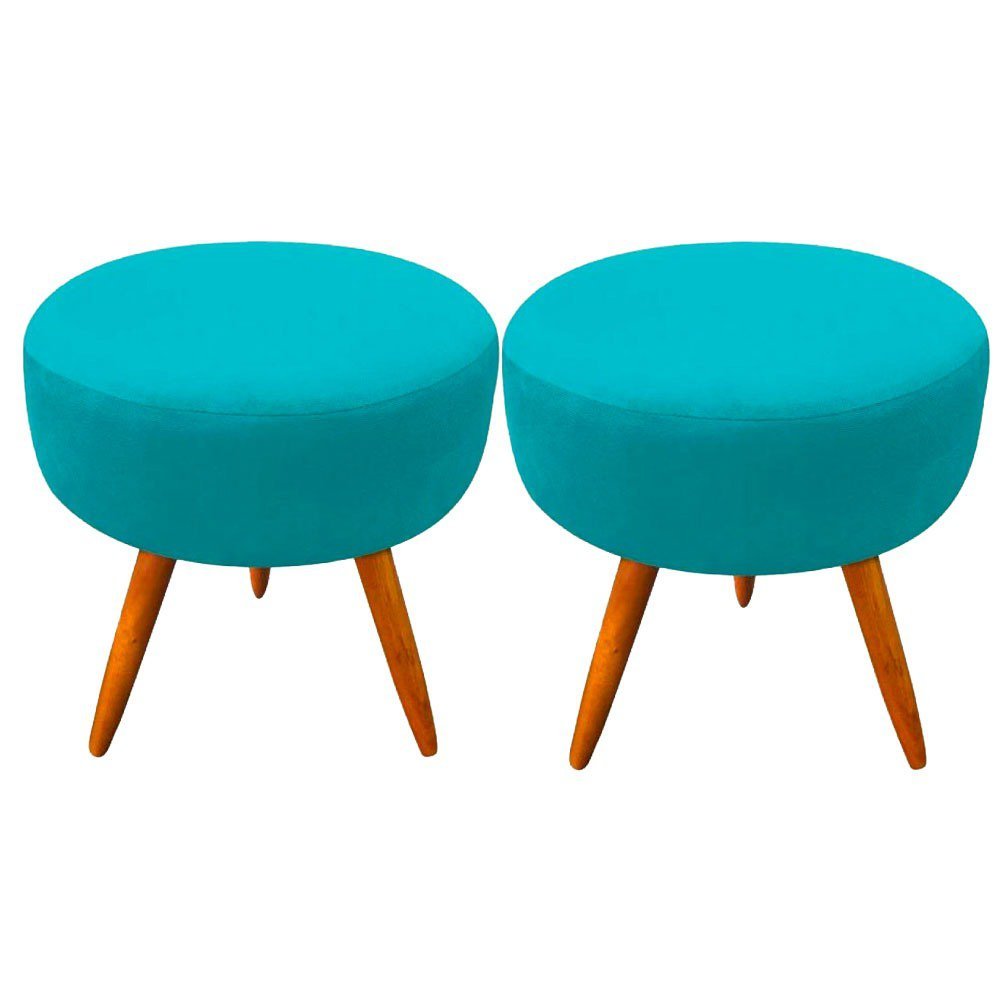 Kit 02 Puffs Redondo Suede Azul Turquesa Pés Palito | MadeiraMadeira