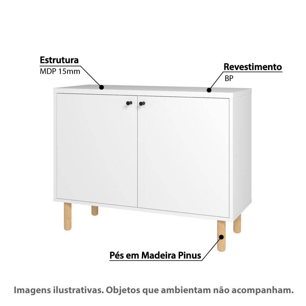 Buffet com 2 Portas e Pés em Madeira - Branco/Natural | MadeiraMadeira