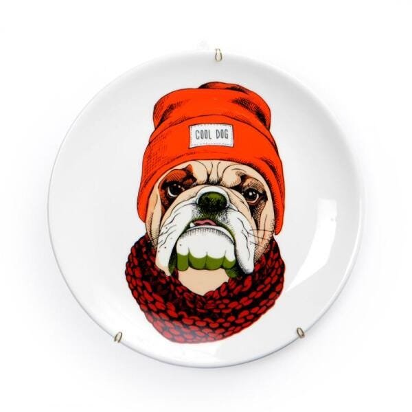 Prato Decorativo Parede Bull Dog Acompanha Suporte Parede | MadeiraMadeira