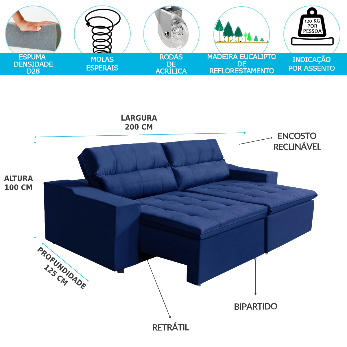 Sofá Concept 3 Lugares Retrátil e Reclinável 2,00m Suede Azul - Premium ...