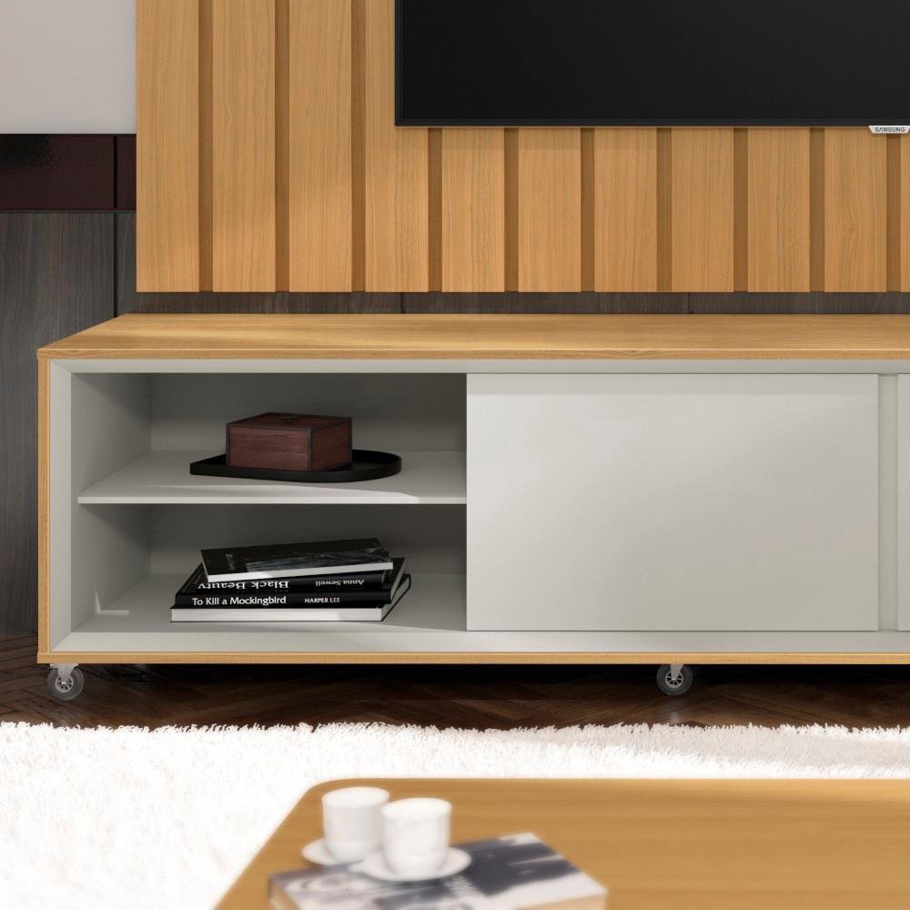 Rack com Painel para TV até 75 Polegadas Ripado Malásia 260cm Cor:Fendi e Freijó | MadeiraMadeira