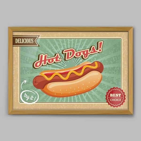 Quadro Cozinha Hot Dogs - 60x40cm - Moldura Padrão Madeira | MadeiraMadeira