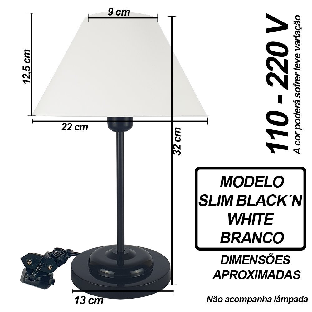 Kit 2 Abajures Slim Black´n White Luminária de Mesa Fino Quarto Sala ...