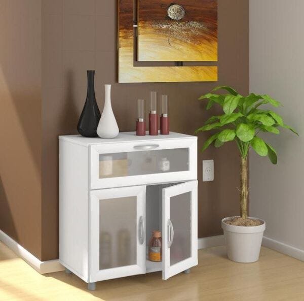 Armário Multiuso Itaim com 1 Gaveta e 2 Portas de Vidro Branco ...