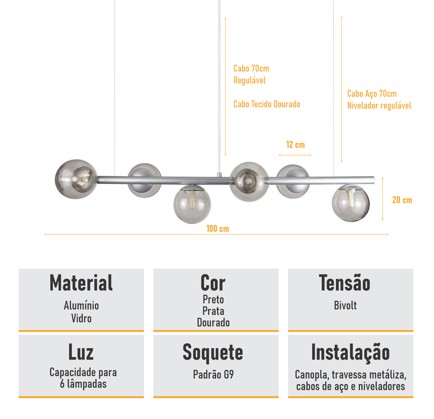 Lustre Pendente Figo Prata - 6 Globos Esfera de Vidro Fumê - 6-2620-15 ...
