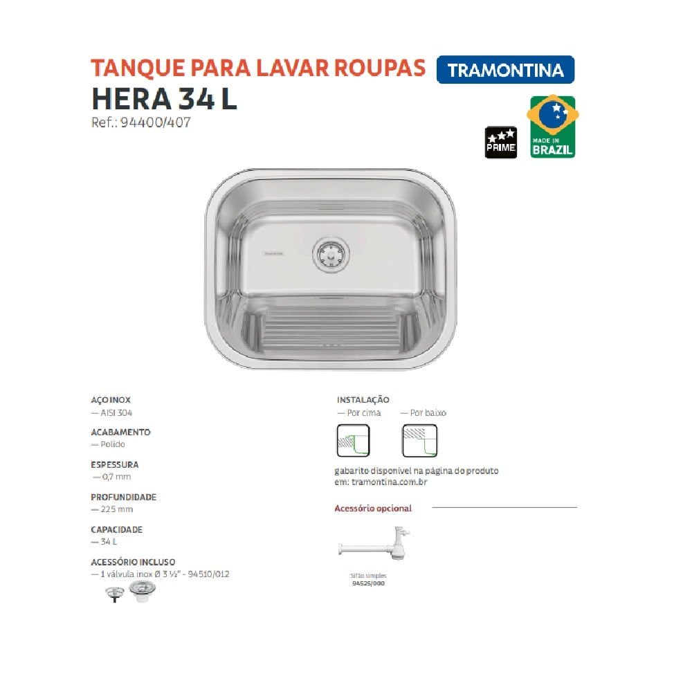 Tanque de Encaixe Tramontina 30 Litros Hera 50x40 Cm em Aço Inox Polido ...