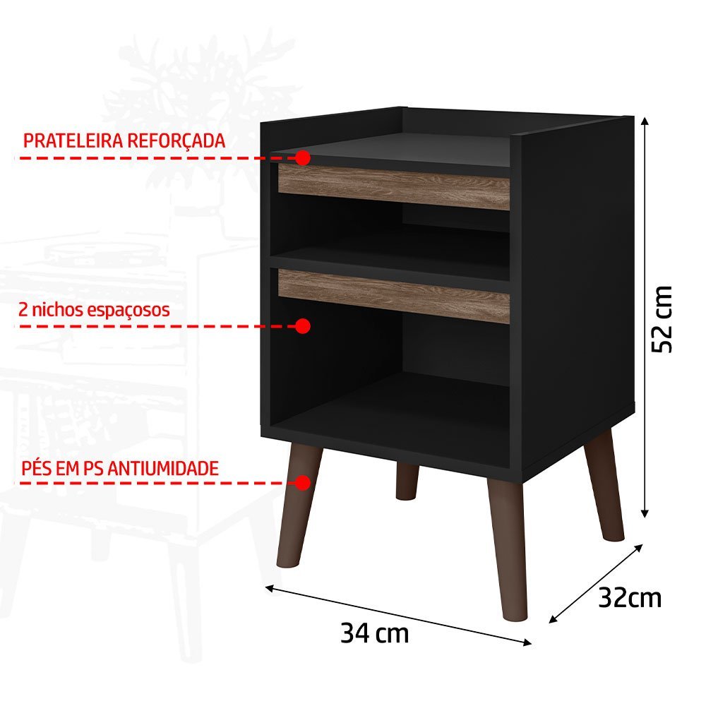 Mesa De Cabeceira Gabriela Cama Quarto S/ Gavetas 02 Nichos:Preto | MadeiraMadeira