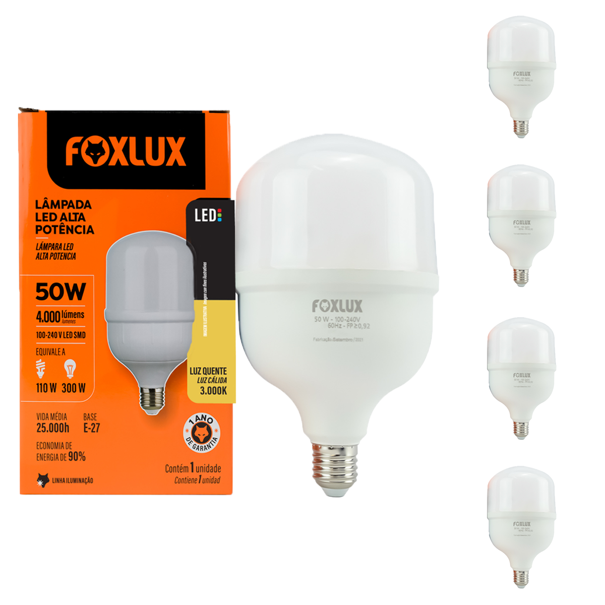 Kit 5 Lâmpada Alta Potência 50w 3000k E-27 Bivolt Foxlux | MadeiraMadeira