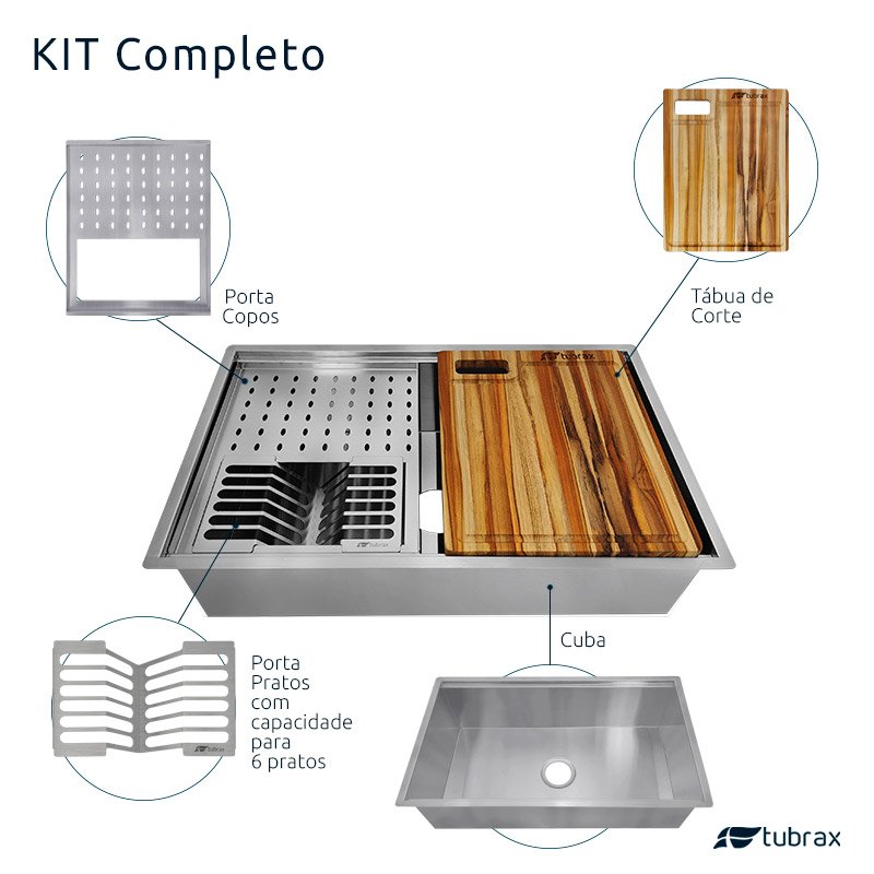 Cuba Pia Cozinha Gourmet Inox 304 Com Tábua Módulos Tubrax | MadeiraMadeira