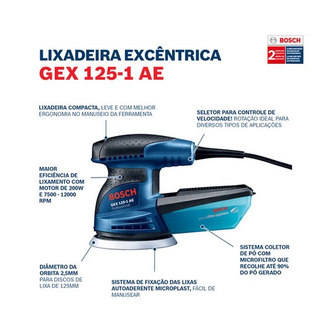 Lixadeira Roto Orbital 250W GEX 125 1 AE Disco 220V Bosch | MadeiraMadeira