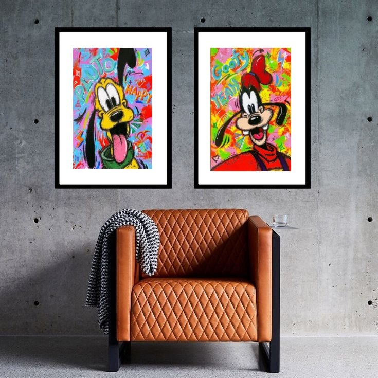 Kit 2 Quadros Grafite Pluto Pateta - 60x48cm:madeira Preta | MadeiraMadeira