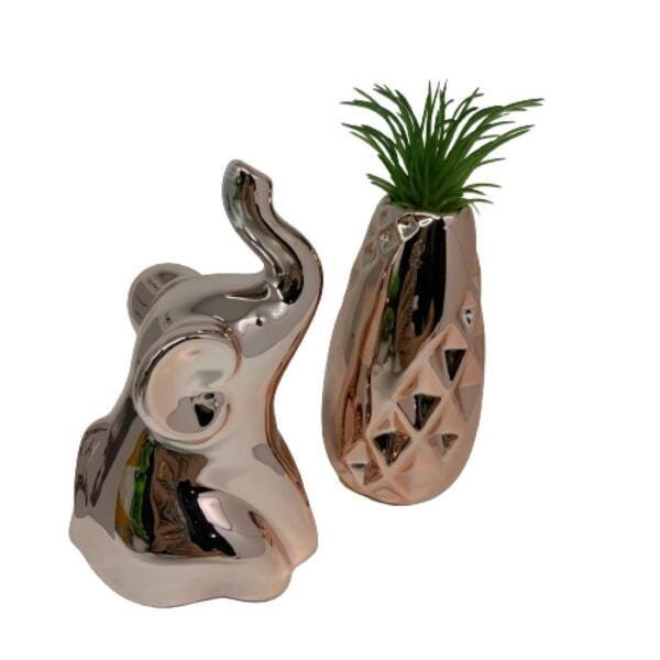 Conjunto decorativo vaso rose gold geométrico e elefante 3D ...