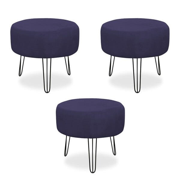 Kit 3 Puffs Redondos para Sala Chloe Suede Azul Marinho | MadeiraMadeira