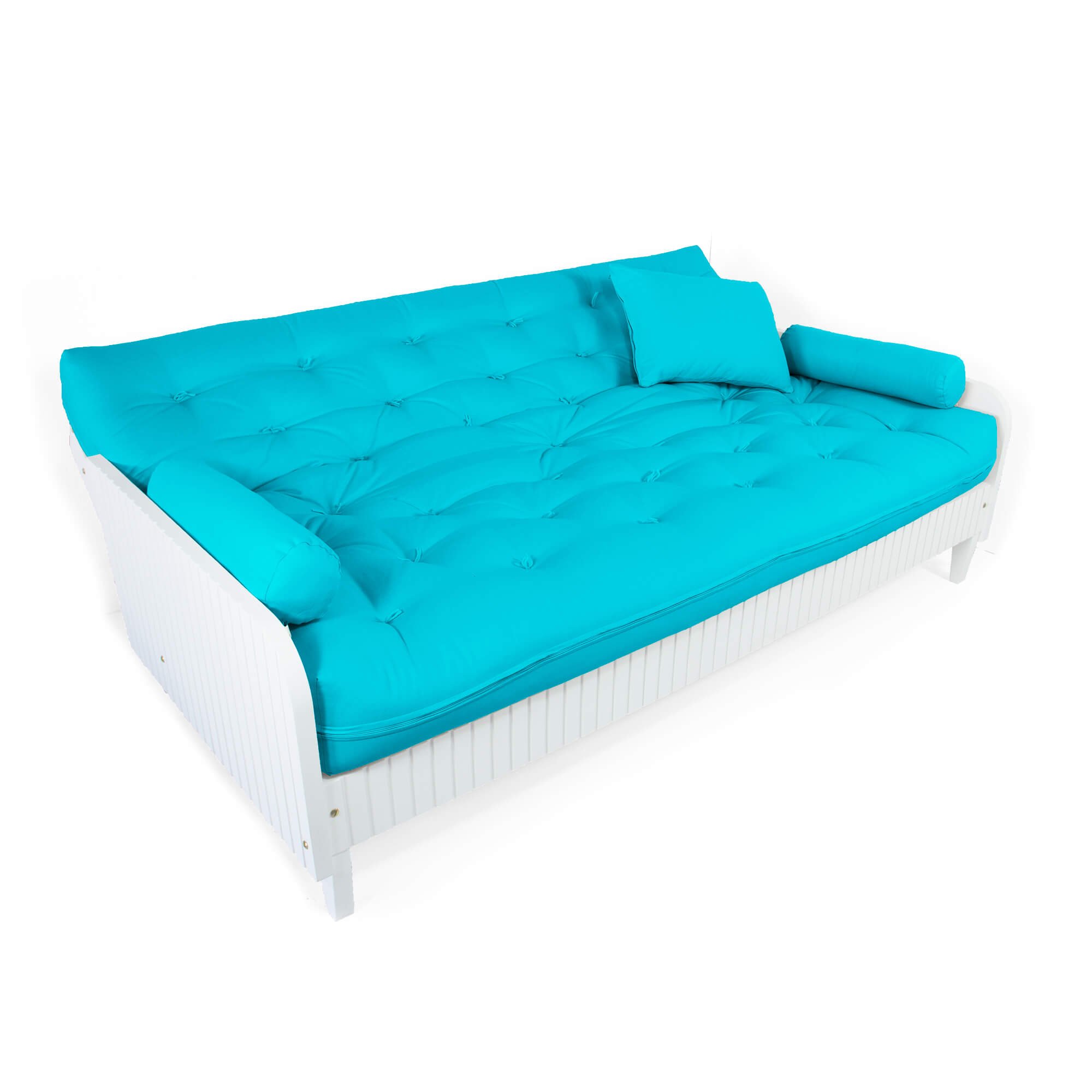 Sofá Cama Paris Ripado Branco Sarja Azul Tiffany Madeira Nobre | MadeiraMadeira