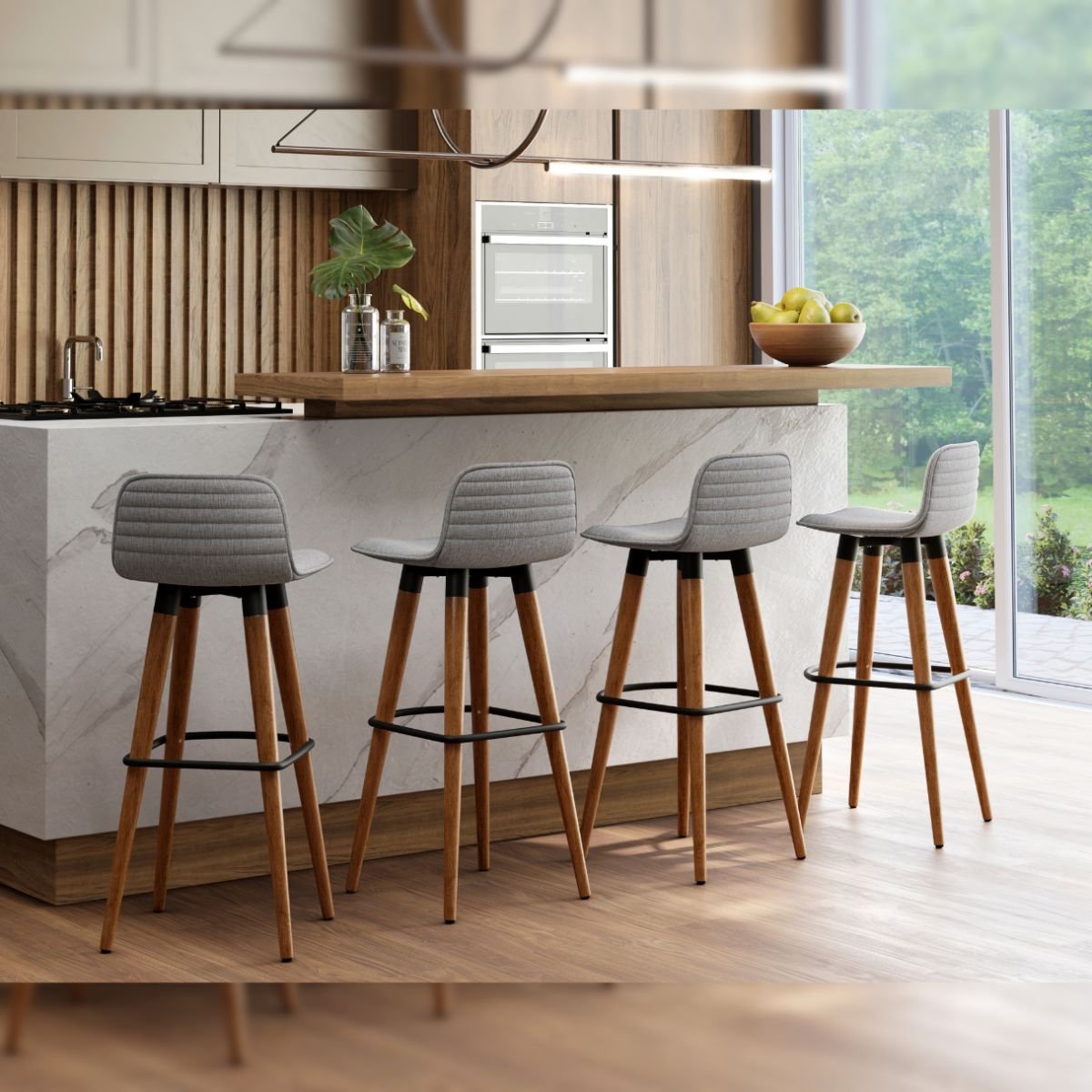 Kit 4 Banquetas Línea Alto Padrão em Madeira e Linho Cinza:cinza C ...