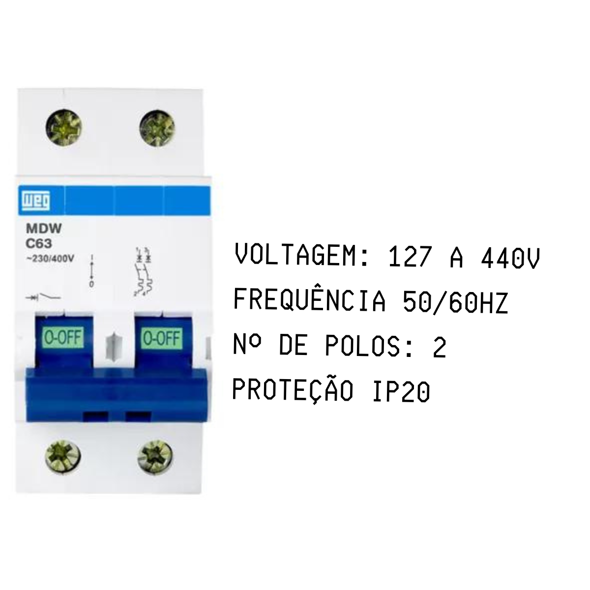 Disjuntor Weg Bipolar Curva C MDW 63A | MadeiraMadeira