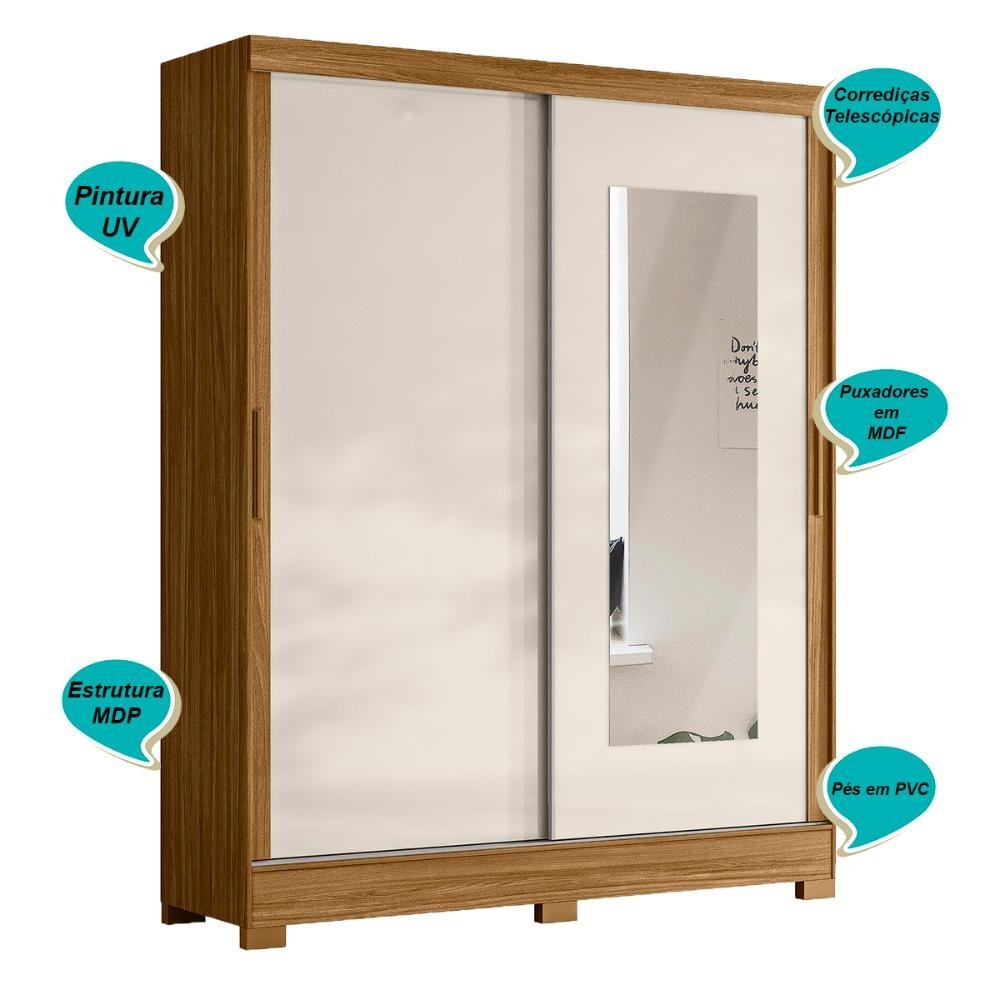 Guarda Roupa Casal 2 Portas 2 Gavetas com Espelho Freijó / Off White ...