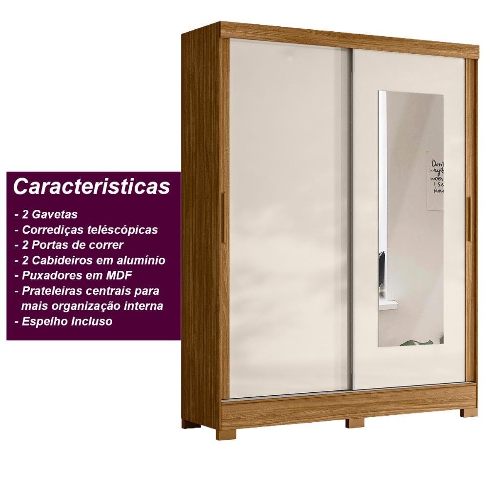 Guarda Roupa Casal 2 Portas 2 Gavetas com Espelho Freijó / Off White ...