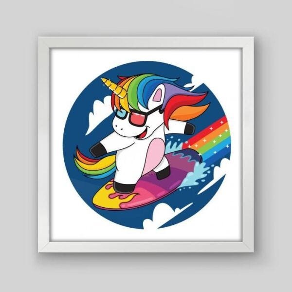 Quadro Infantil Surf Unicórnio - 40x40cm - Moldura Padrão Branco ...