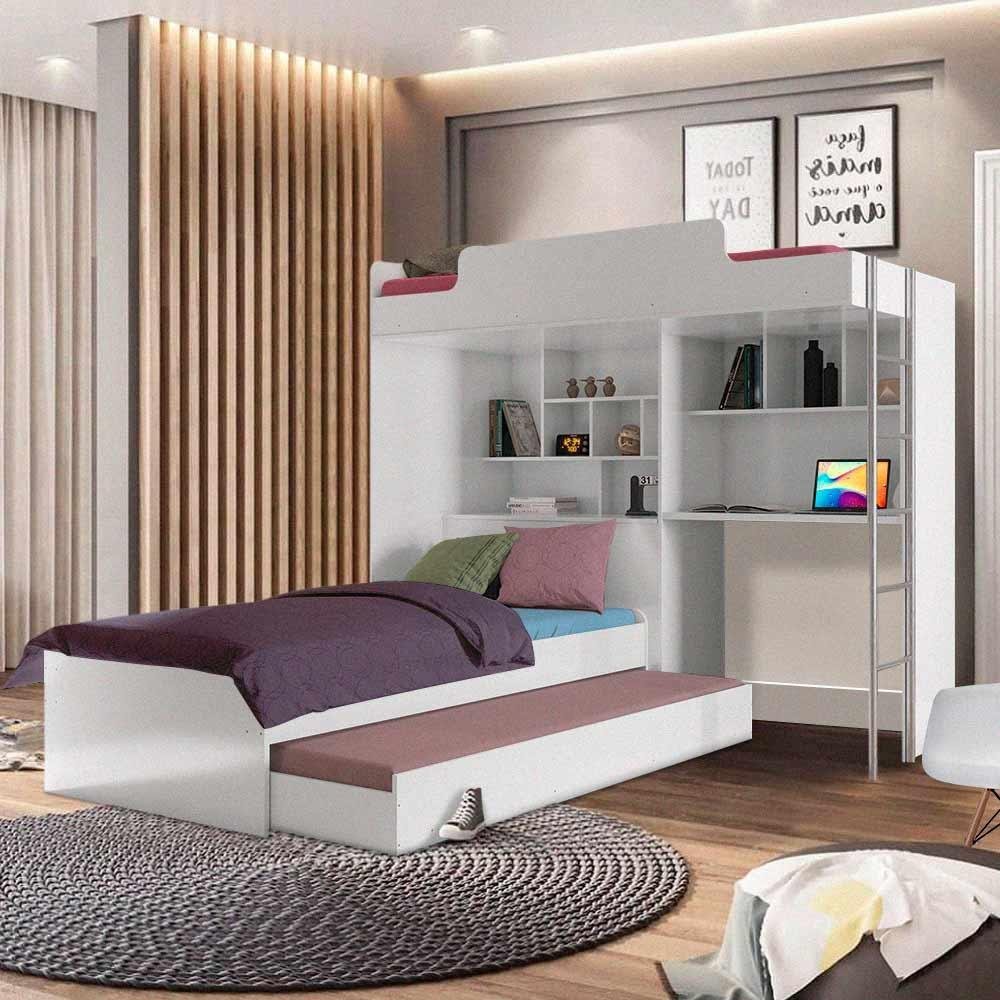 Cama Solteiro Multifuncional com Auxiliar Branca Office New Santos ...