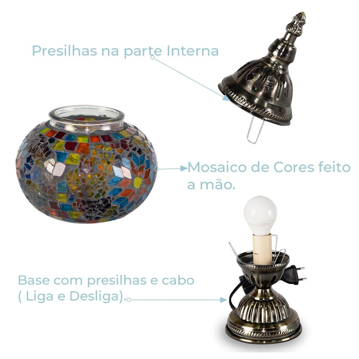 Abajur Turco Mosaico Metal Vidro Mesclado Bivolt 28 Cm | MadeiraMadeira