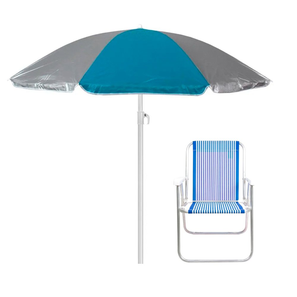 Kit Guarda-Sol Praia com Cadeira De Praia em Alumínio - Azul e cinza ...