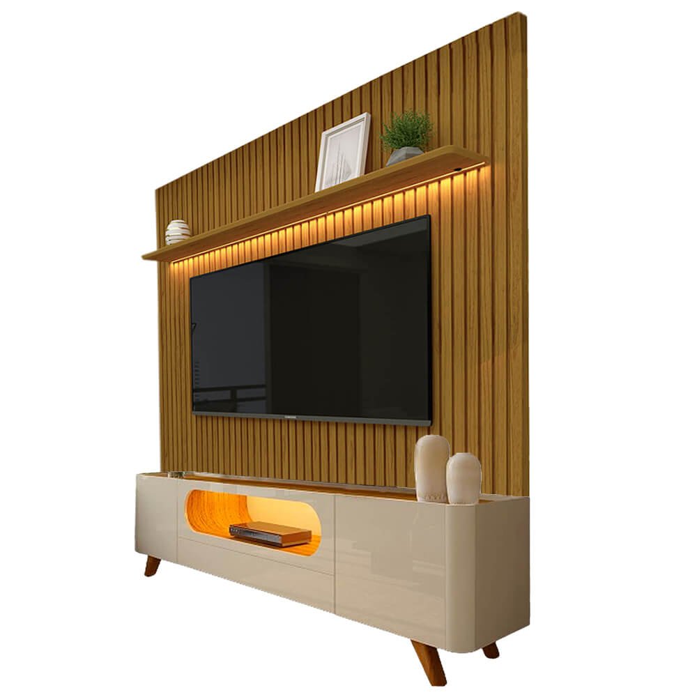 Rack com Painel Nobre sem Nicho 230cm para Tv até 85 Polegadas Ripado com Led 2 Portas 1 Gaveta ...