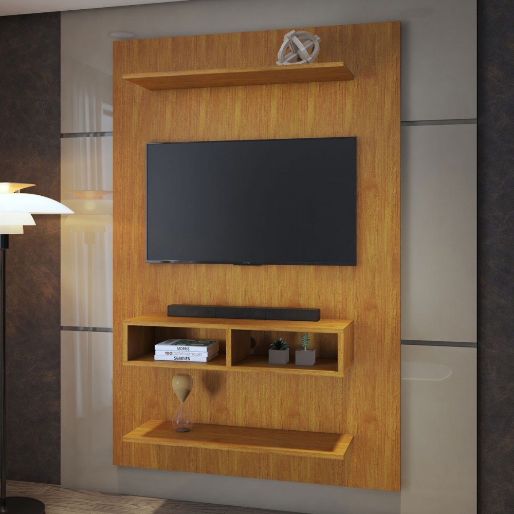 Painel para TV Até 42 Polegadas Isaac 2 Prateleiras 2 Nichos Mel - Viero Móveis | MadeiraMadeira